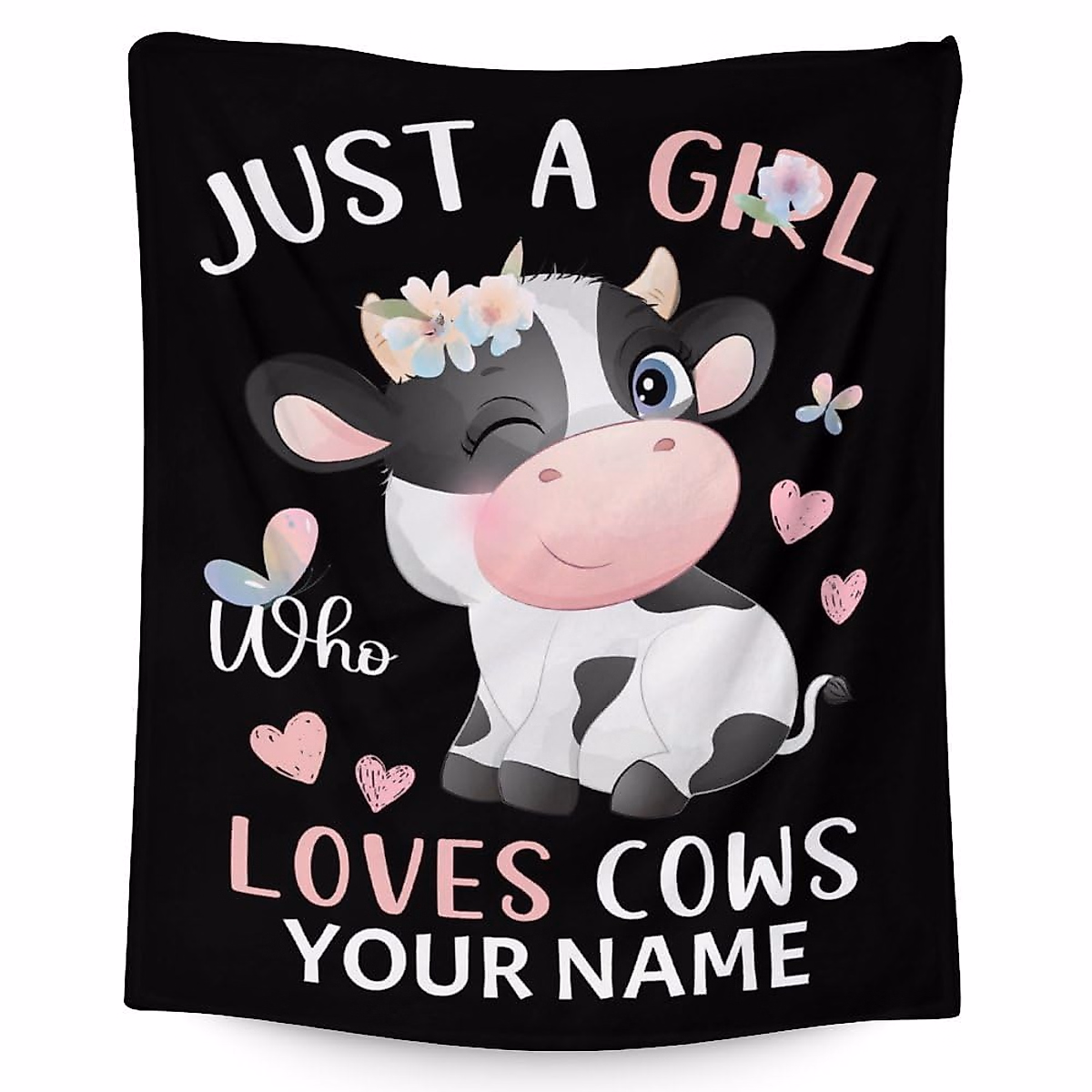 Custom Cow Blanket with Name for Kids, Aldults - Soft, Fuzzy & Cozy - 50"x60" Throw Size Blankets for Sofa, Work - Black Cute Warm Throw Blankets Gifts