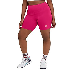 Champion, Authentic, Moisture Wicking, Bike Shorts for Women, 8" (Plus Size), Strawberry Rouge C Logo