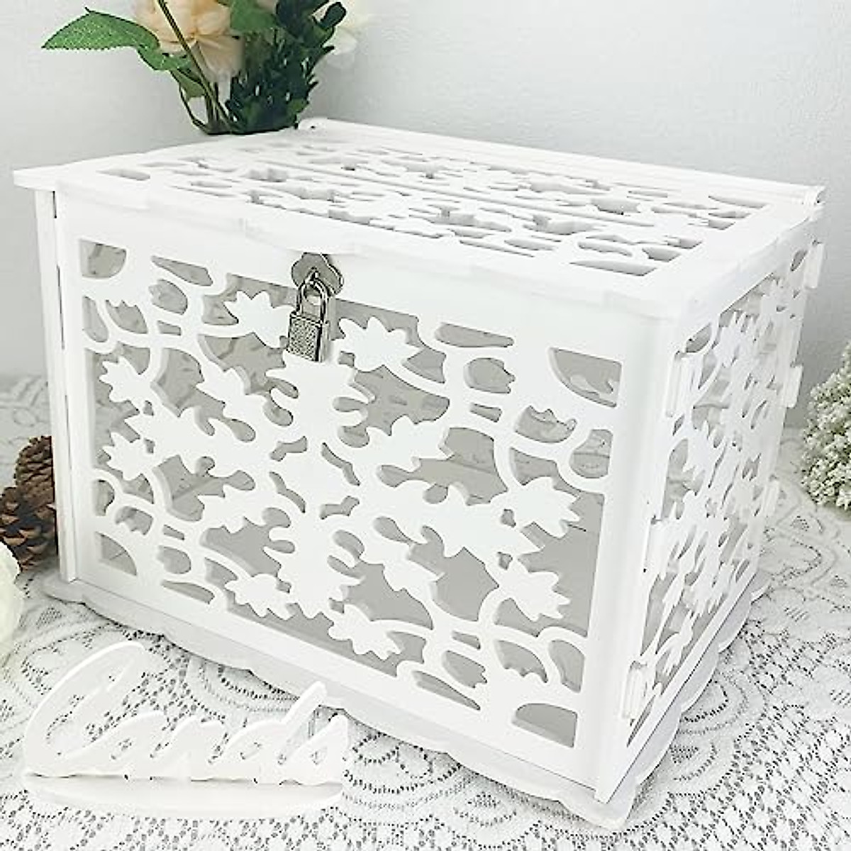 FCDECOR 12" Wedding Card Box with Lock, White Gift Wedding Card Boxes for Reception Money Holder with Card Sign for Wedding Decorations, Baby Showers, Birthdays, Bridal or Graduation Party Supplies