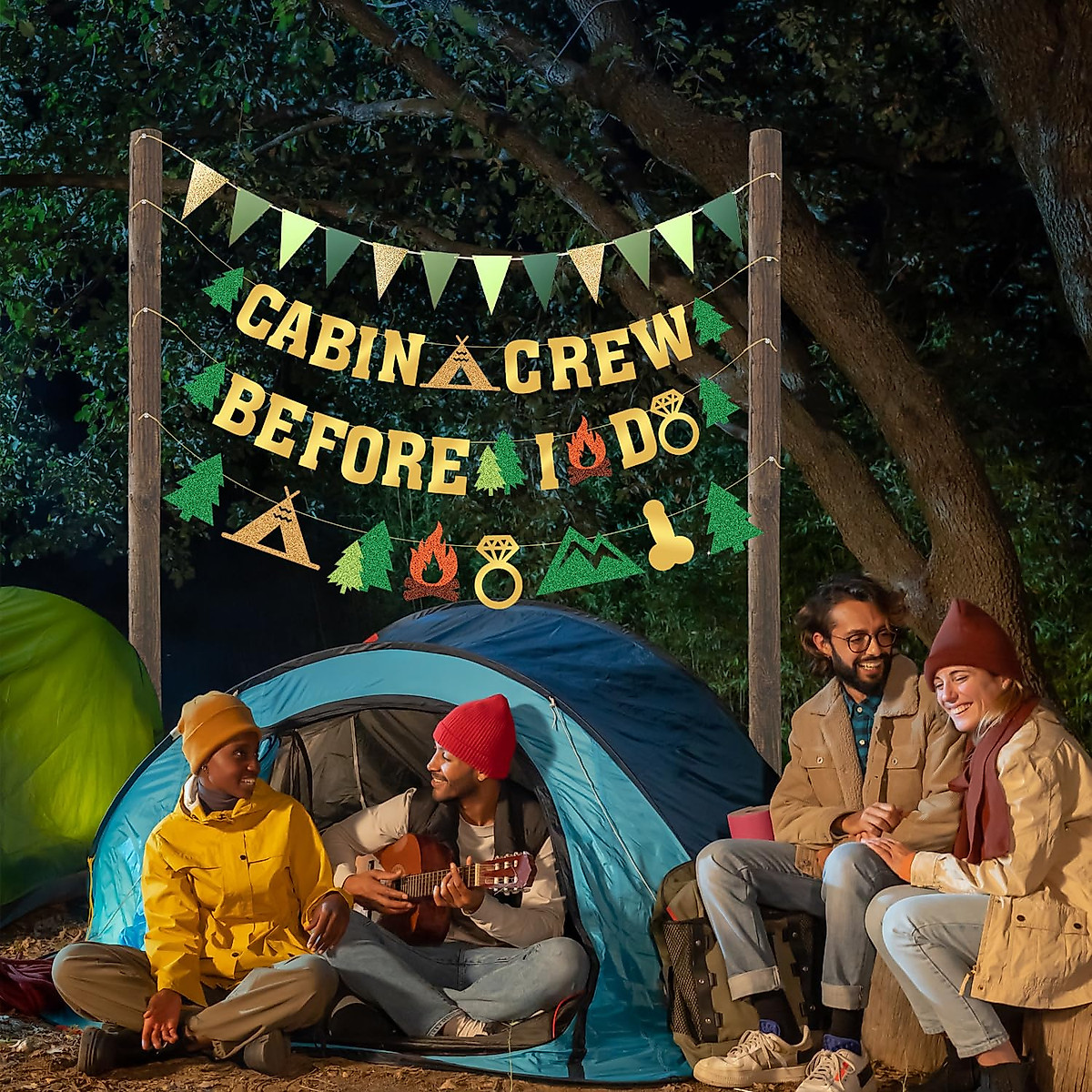 Camp Bachelorette Decorations, Pre-assembled Cabin Crew Before I Do Banner, Gold Green Bachelorette Party Decor for Bride, Camping Party Decorations With Pennant Flags Garland
