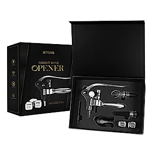 Stainless Steel Rabbit Wine Opener Set With 2 Metallic Ice Cubes, Wine Aerator Pourer, Wine Stopper & Foil Cutter By Setoris- Manual Wine Bottle Opener Corkscrew Kit- Great Wine Accessory Gift Set