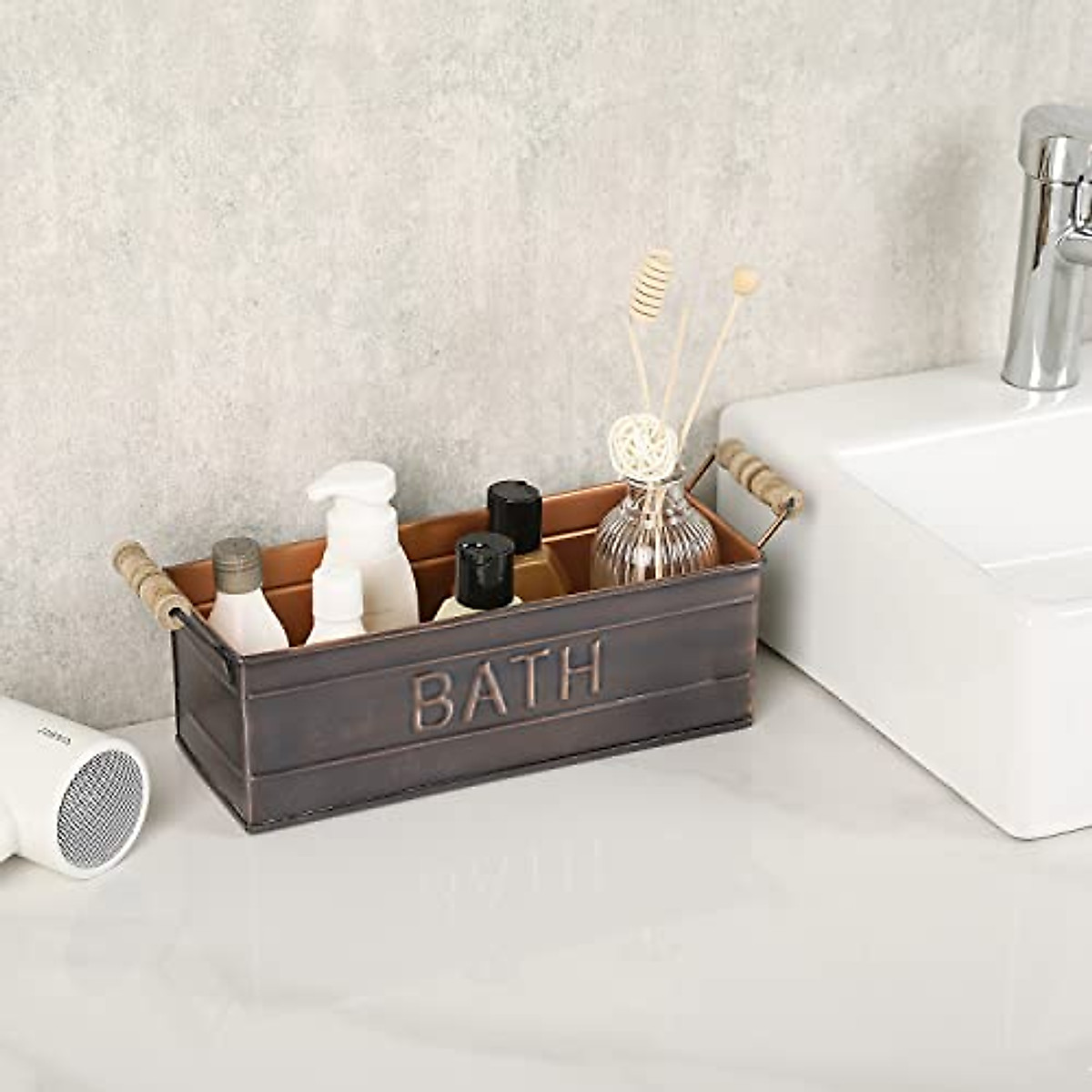 MyGift Vintage Bronze Metal Rectangular Storage Basket with Wooden Handles, Bathroom Toiletries Holder, Organizer Bin with Embossed Bath Label - Handcrafted in India