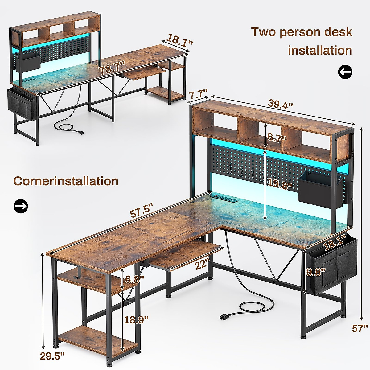 SEDETA L Shaped Gaming Desk with Hutch, 57.5” Reversible Corner Computer Desk with Storage Shelves, Gaming Desk with Pegboard, LED Lights, Power Outlet, Keyboard Tray (Rustic Brown)