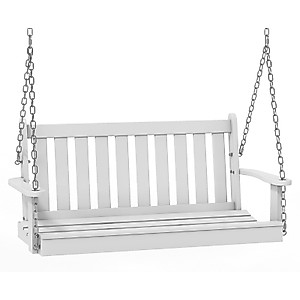 JAMFLY Wooden Porch Swing Outdoor, Bench Swing with Hanging Chains for Outdoor Patio Garden Courtyard Backyard, White