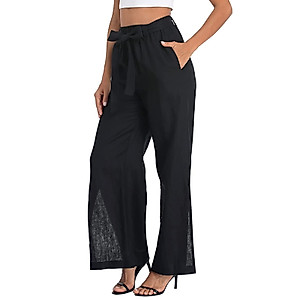 DSODAN Women's Cotton Linen Pants Elastic Waist Wide Leg Trousers with Belt Casual Side Slit Palazzo Pant with Pockets Linen Pants for Women Cargo Pants Women Plus Size Best Gifts New Year
