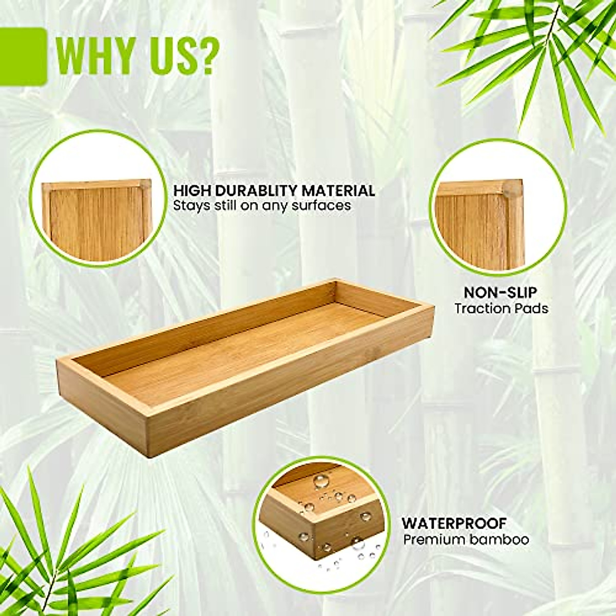 Bamboo Tray - Natural Bamboo - 11.3 X 4.4 X 1.1 in - Vanity Tray for Bathroom - Ecological and Sustainable