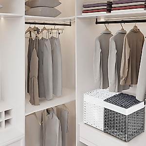 KUREEISE Storage Basket with Lid, 65L Woven Blanket Storage Basket with Handles, Removable Liner with Divide, Metal Frame, Storage Bin for Bedroom, Laundry Room（Gray-White）