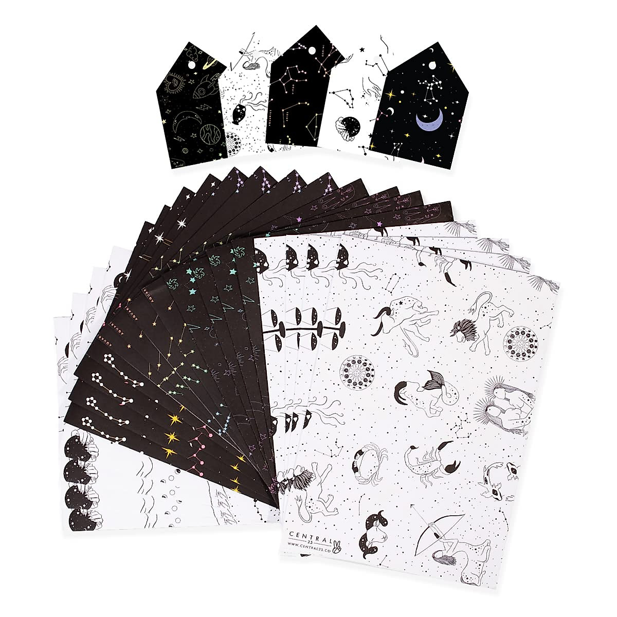 CENTRAL 23 Wrapping Paper Jumbo Set (x20 Sheets) - Starsigns - Zodiac - For Women - Girls - Black White Monochrome - Space Gift Wrap for Boys - Horoscope - With Gift Box & Lid