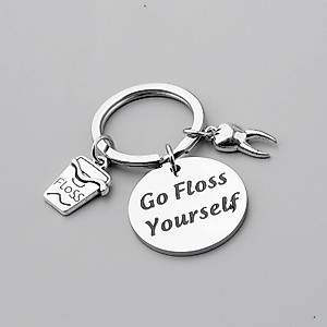 POTIY Funny Dentist Dental Hygienist Gift Dentist Jewerly Go Floss Yourself Keychain Dental Keychain Dentists Floss and Tooth Charm Keychain Gift (keychain)