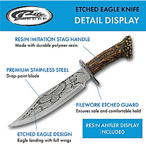 Szco Supplies 11.5” Decorative Eagle Etched Blade Outdoor Hunting Knife with Display Relief Art/Printed Antler Stand