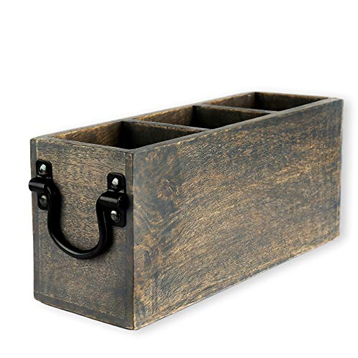 GoCraft 3 Compartment Flatware Caddy, Cutlery Utensil Holder, Organizer Caddy Box For Cooking, Silverware, Flatware, Sauce Spoon, Tongs, and More, Grey Washed Mango Wood Caddy with Metal Handles