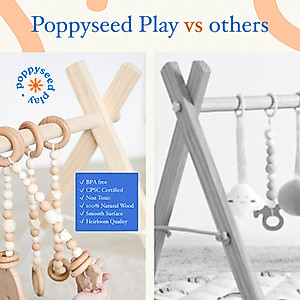 Poppyseed Play Wooden Baby Play Gym, Foldable Frame w/Hanging Bar, Tied Cotton Cord & Wooden Toys, Gender Neutral Baby Activity Set, Easy to Assemble (White Wood, Macrame Toys)