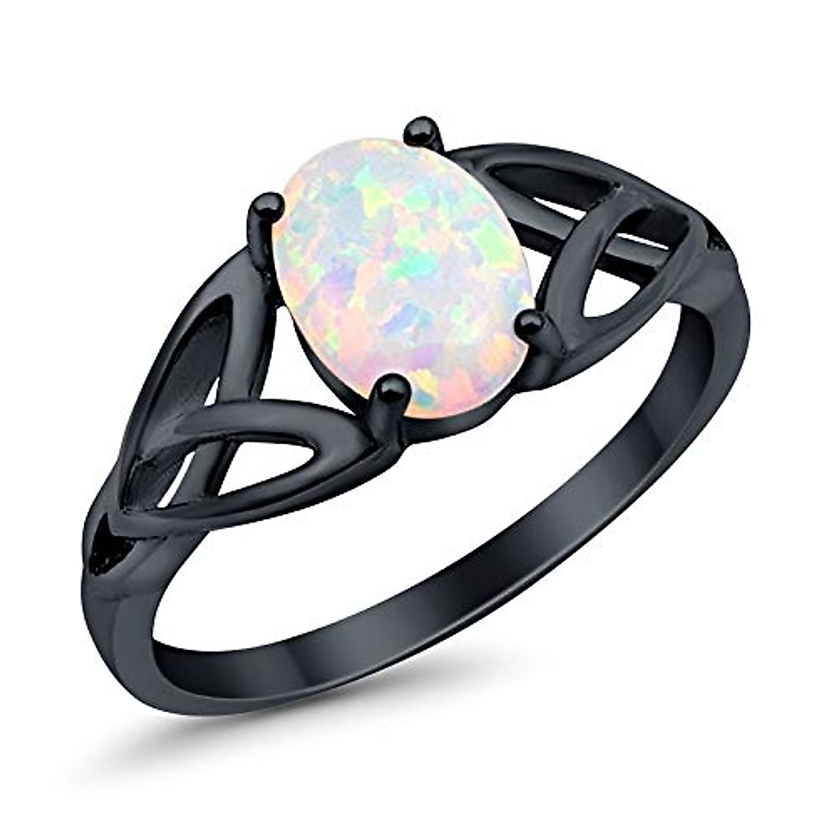 Solitaire Celtic Shank Engagement Ring Oval Created White Opal Black Tone 925 Sterling Silver, Size - 8