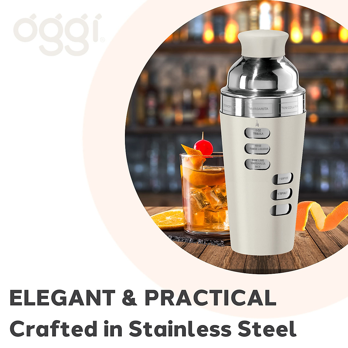 OGGI Dial A Drink Cocktail Shaker-23oz Stainless Steel Shaker, 8 Recipes, Stainless Steel Lid has Built In Strainer, Ideal Cocktail Mixer, Martini Shaker, Margarita Shaker & More, Stainless