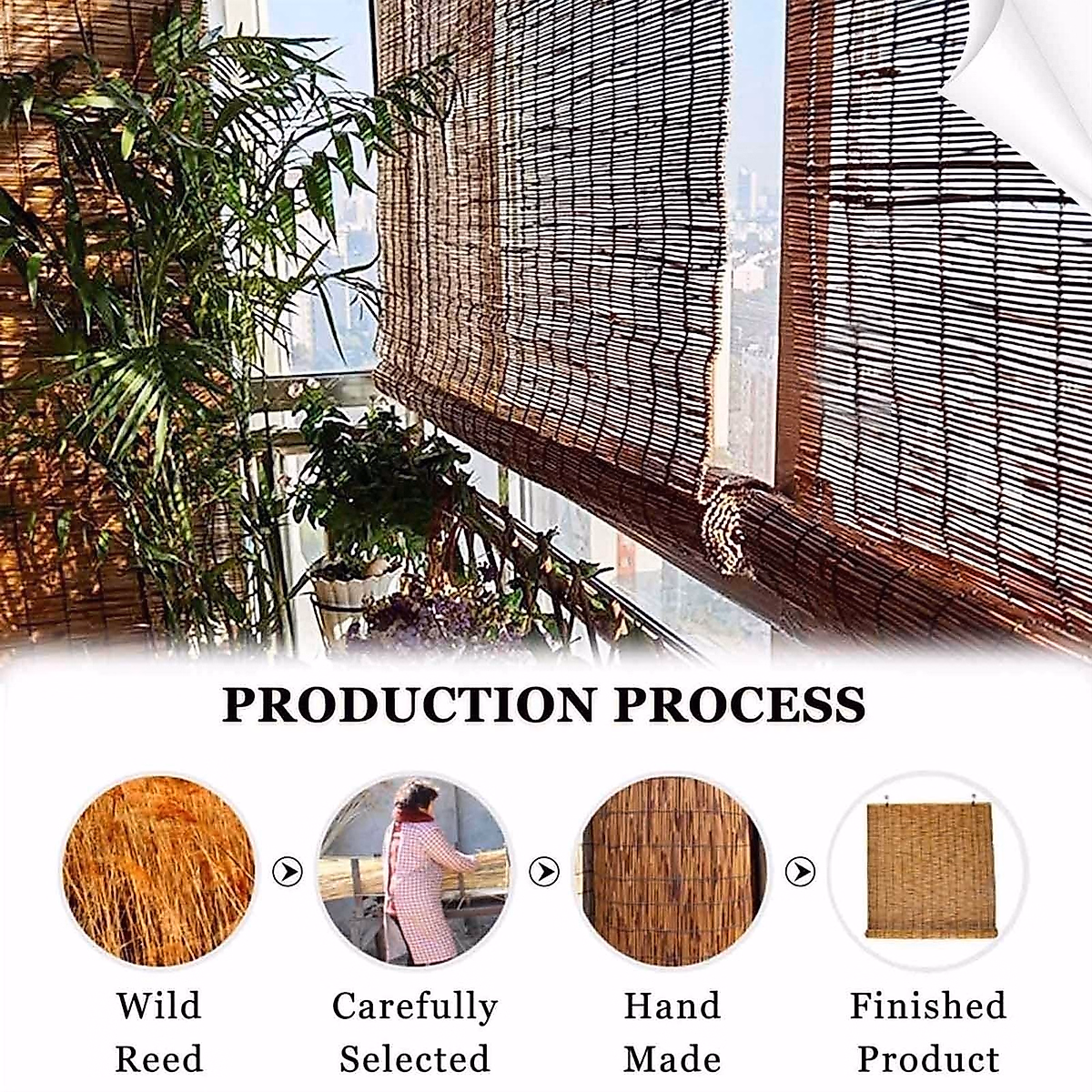 Patio Shades Roll Up Outdoor, Bamboo Blinds for Outdoor Patio, Thernal Insulated Shading Reed Blinds, Blackout Bamboo Shade, Privacy Screen, Cordless, 24″ 30″ 34″ 36″ 39″ 43″ 48″ 51″ 55″ 70″ Width