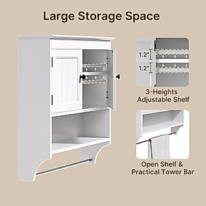 Bealife Bathroom Wall Cabinet with Towels Bar, Wall Mounted Medicine Cabinet with 2 Door and Adjustable Shelves, Space Saver Over Toilet Storage Cabinet for Bathroom Laundry Room Kitchen, White