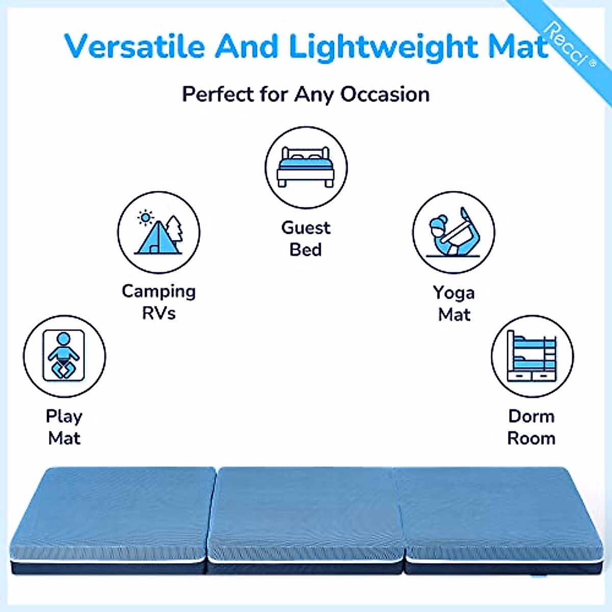 RECCI 4-Inch Tri Folding Mattress, Folding Memory Foam Mattress, Folding Mattress, Sleeping Mattress for Floor, Tri Fold Mattress with Removable and Washable Cover, Storage Bag Included, 25” x 75”