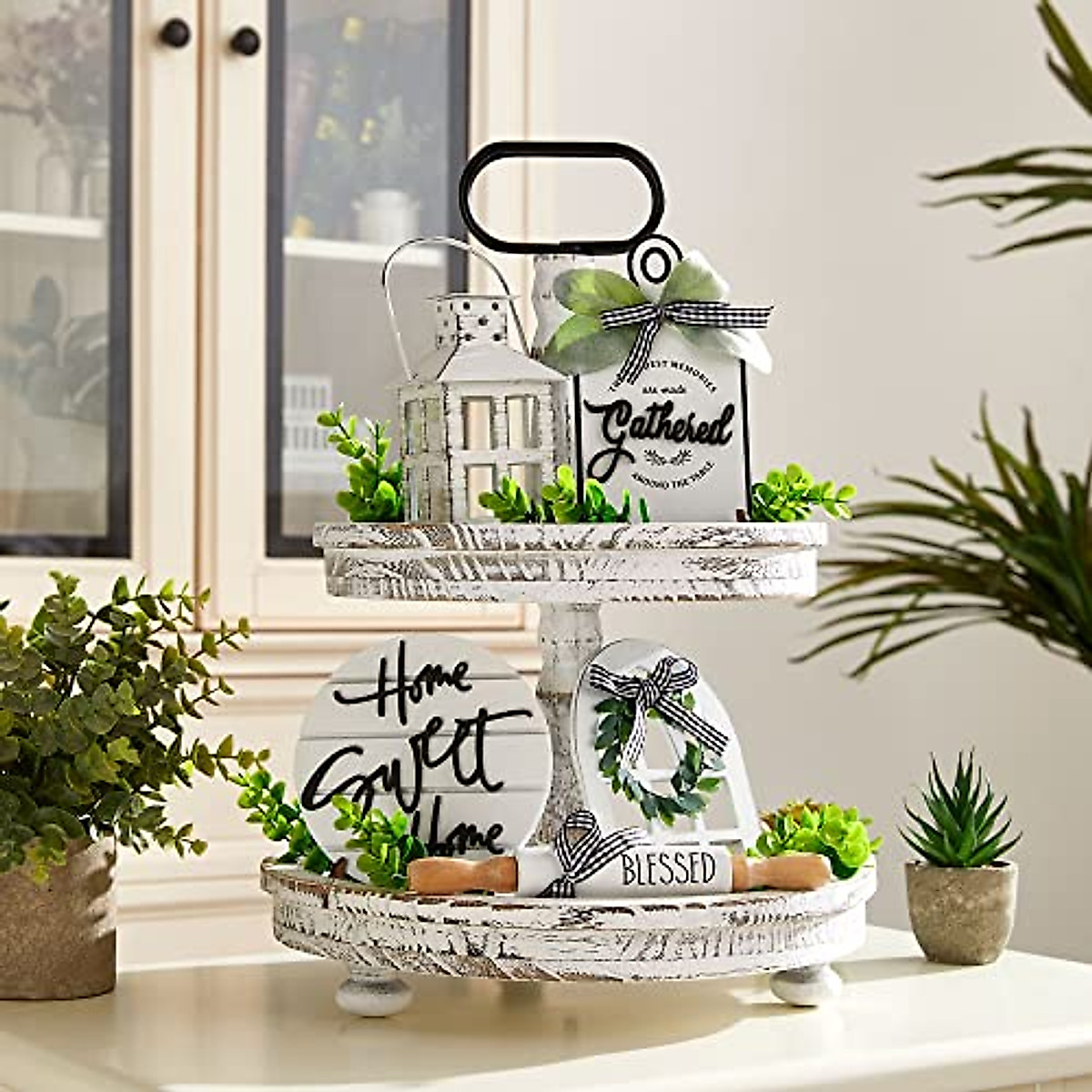 Houmury Set of 16 Farmhouse Tiered Tray Decor with 1 Lantern Artificial Plant& Cutting Board Sign for Rustic Home Sweet Home Kitchen Decor Tier Tray Decor Set
