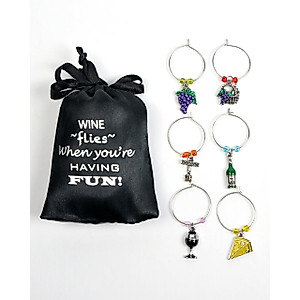 Wine and Grapes Wine Glass Charms, Drink Markers-Charms for Wine Glasses-Set of 6 with Sateen Storage Bag by Cork & Leaf