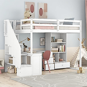 Bellemave Twin Size Loft Bed with Desk and Stairs Wood Loft Beds with Storage Cabinet and Bookcase High Loft Bed Frame with Staircase Shelves for Kids, Teen, Boys, Girls, White