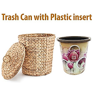 KOLWOVEN Wicker Trash Can with Lid in Bedroom, Bathroom - 3 Gallon Small Trash Can in Office - Boho Woven Wicker Waste Basket - Office Garbage Cans for Under Desk with Plastic Insert