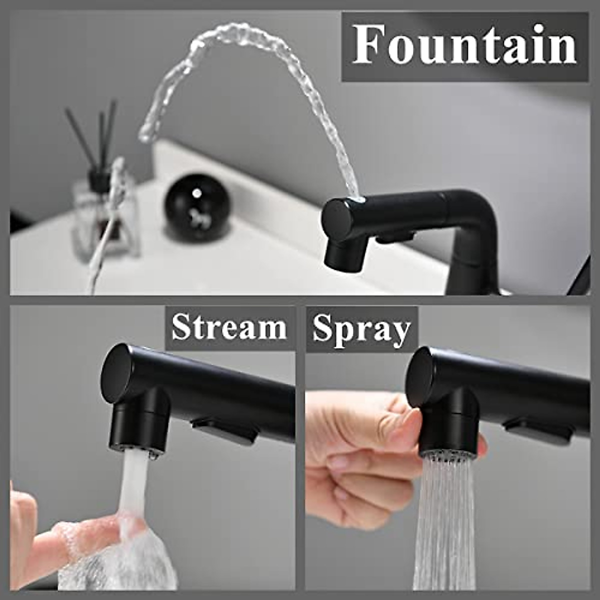 Joozer Matte Black Bathroom Pull Out Faucet Bathroom Faucet with Pull Out Sprayer RV Faucet for Bathroom Sink Lavatory Single Hole 3 Mode Rotating Spout for Cold and Hot Water with 6 Inch Deck Plate