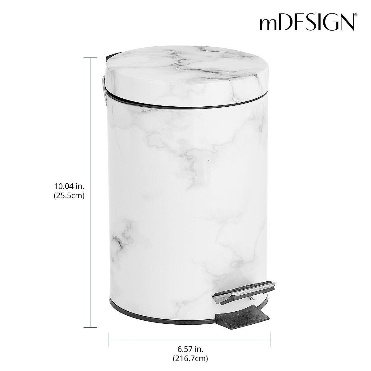 mDesign Extra Small Modern 3-Liter/.7 Gallon Round Metal Lidded Step Trash Can, Compact Garbage Bin with Removable Liner Bucket and Handle for Bathroom, Kitchen, Office, Garage - White Marble Print