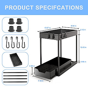FGSAEOR 2-Tier Under Sink Organizer with Sliding Storage Drawer, Multi-Purpose Bathroom Cabinet Organizer Baskets, Kitchen Under Sink Storage Rack with 4 Hooks and Handle (Sliding-Black)