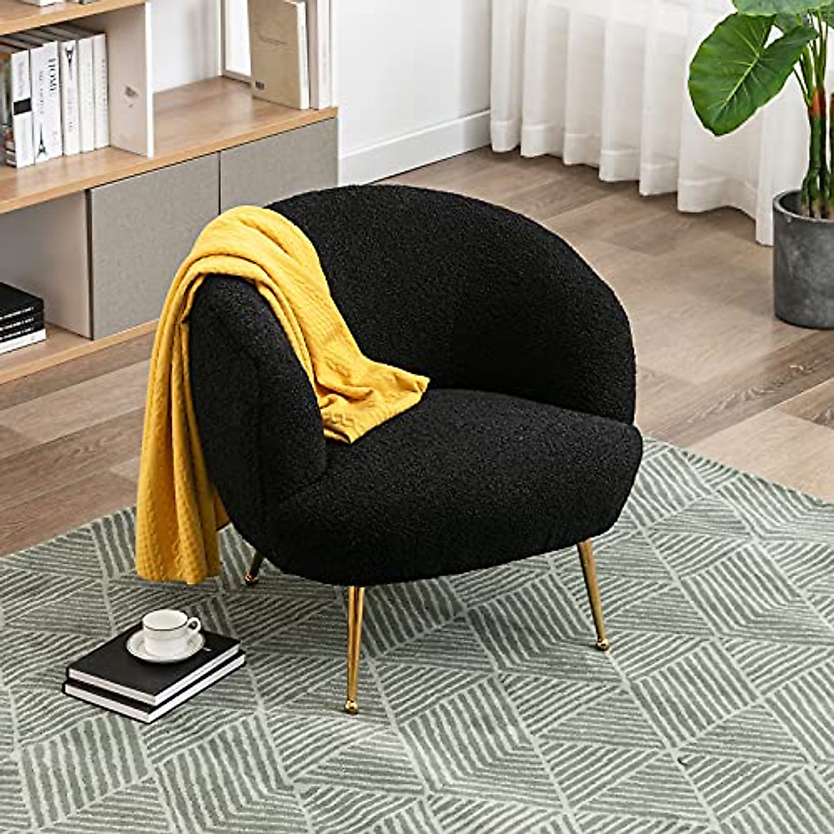 DUOMAY Modern Sherpa Accent Chair Armchair Upholstered Barrel Chair with Golden Legs Comfy Lounge Chair Single Sofa Club Chair for Living Room Bedroom Office, Black