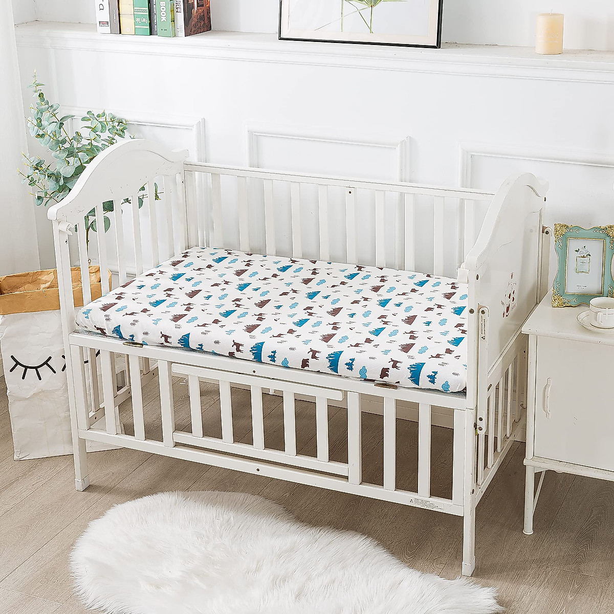 Soul & Lane 3-Piece Cotton Forest Animals Crib Bedding Set for Boys - Comforter, Crib Sheet, Changing Pad Cover: Woodland Friends Crib Bedding Set, Deer Bear Blue Nursery Quilt, Mountain Crib Sheet