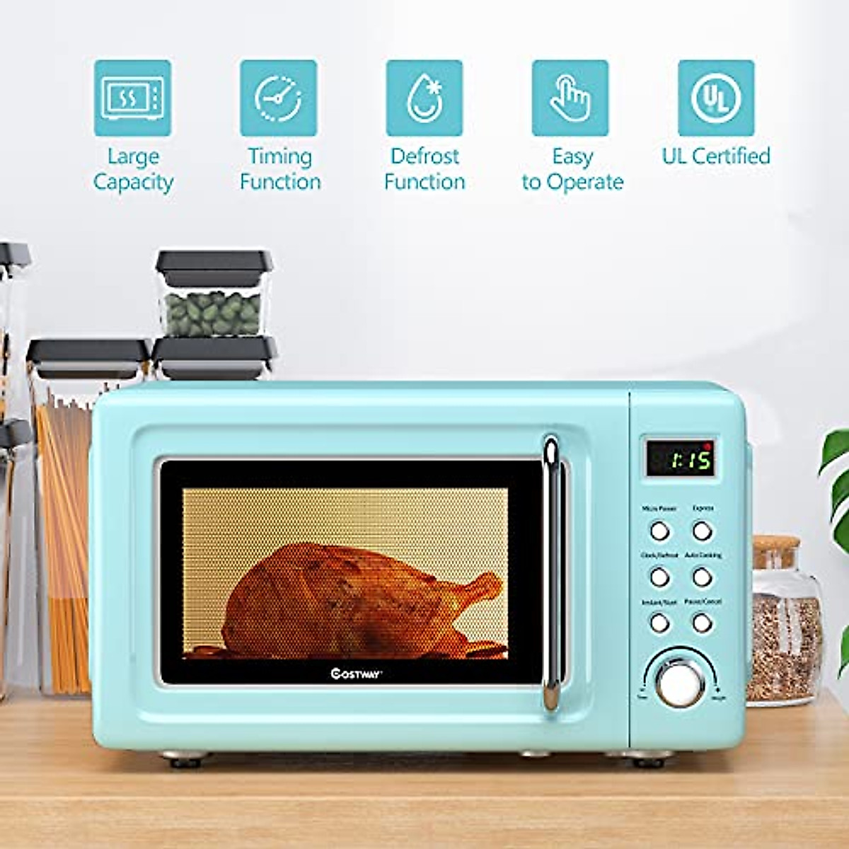 COSTWAY Retro Countertop Microwave Oven, 0.7Cu.ft, 700-Watt, High Energy Efficiency, 5 Micro Power, Delayed Start Function, with Glass Turntable & Viewing Window, LED Display, Child Lock (Green)