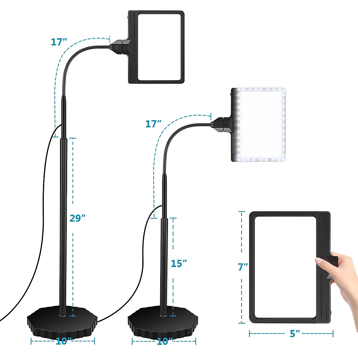 5X Magnifying Glass with Light and Stand, 36 LED Dimmable Floor Magnifying Lamp, 3-in-1 Adjustable Lighted Magnifier for Reading, Sewing, Crafts, Close Work etc