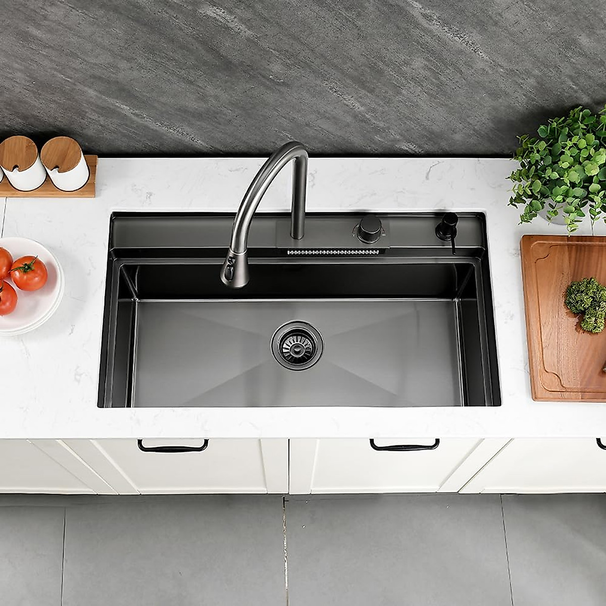 33 Inch Black Undermount Kitchen Sink Waterfall Workstation, BoomHoze 33x19 Waterfall Kitchen Sink Dual Mount Workstation Sink 16 Gauge Black Stainless Steel with Multifunctional Faucet