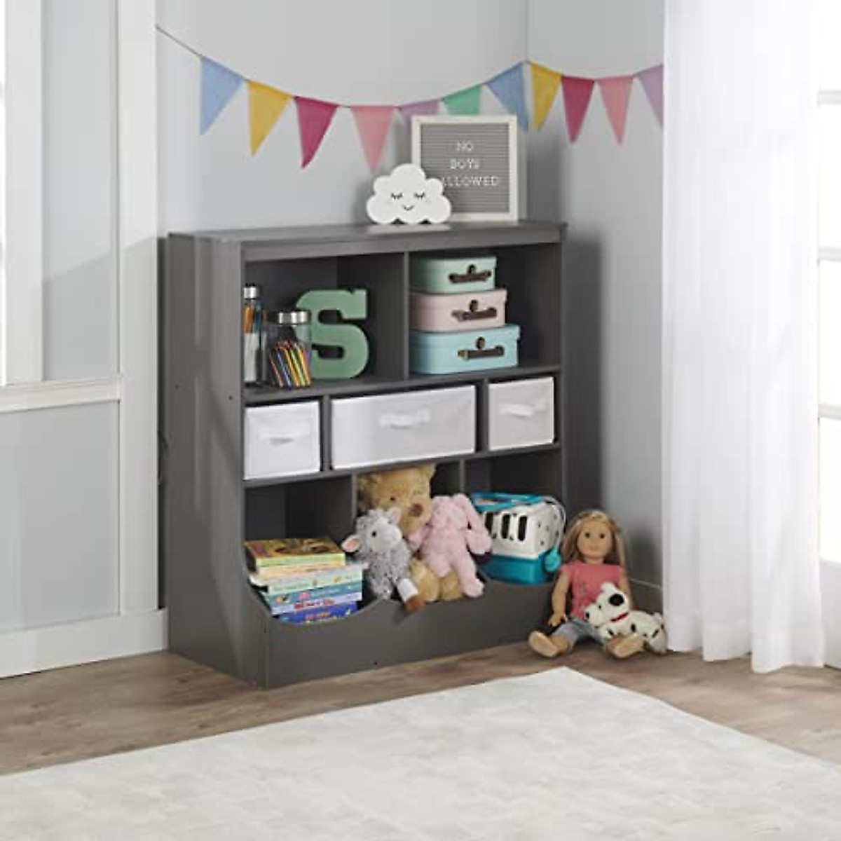 Badger Basket Combo Bin Toy Storage Unit and Book Shelf for Kids with 3 Baskets - Cool Gray