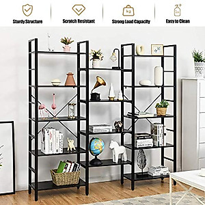Tangkula Triple Wide 5-Tier Bookcase, Large Open Bookshelf, Display & Storage Shelf, Vintage Industrial Style Shelves with Metal Frame, Bookcase Furniture for Living Room, Study, Office (Black)