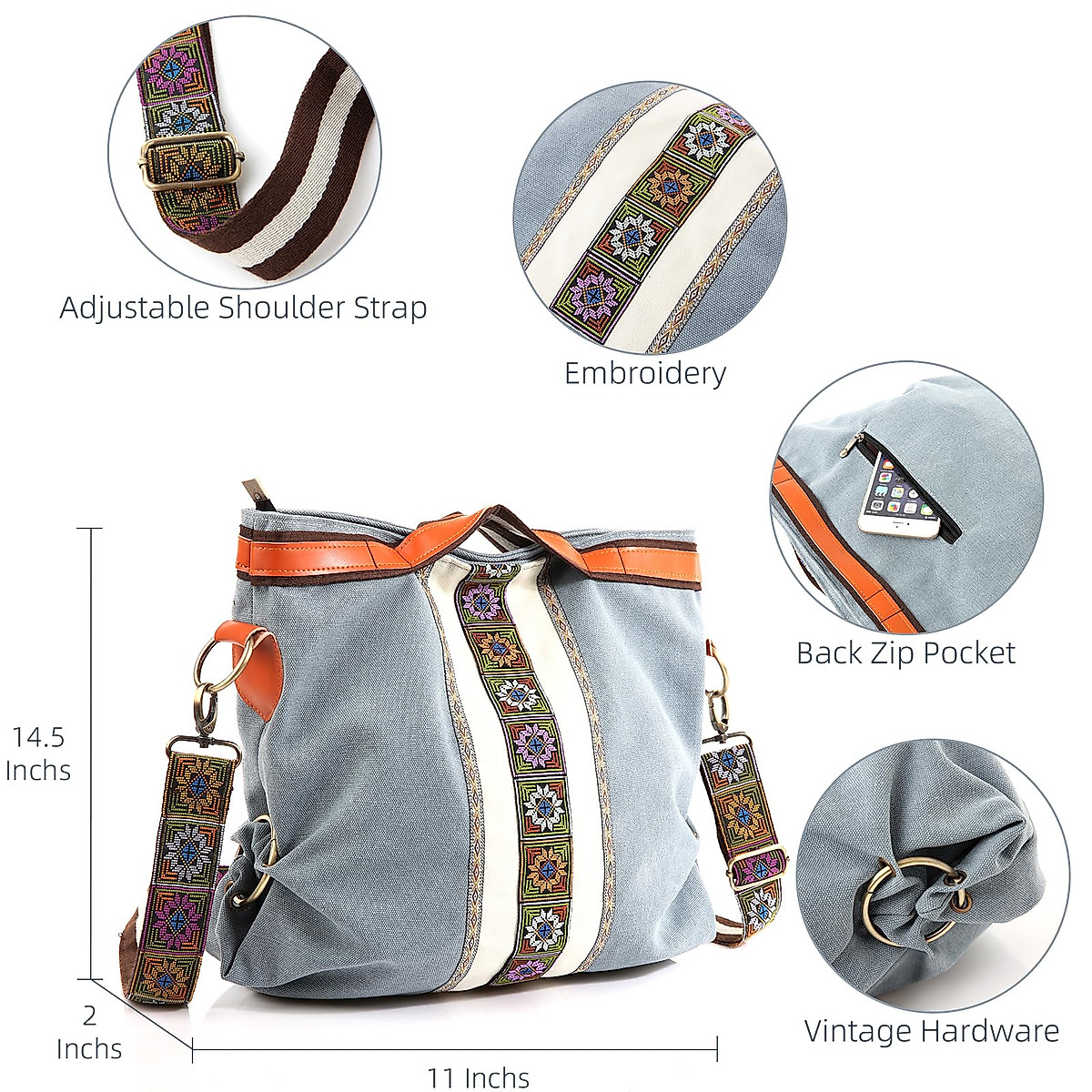 Women Canvas Crossbody Bag Shoulder Bag, Vintage Heavy-duty Tote Handbag (Light Blue) Medium