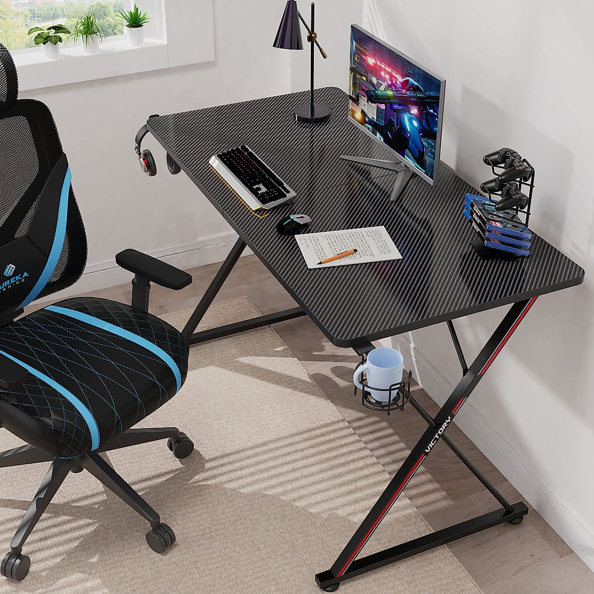 It's_Organized Gaming Desk 47 inch PC Computer Desk Home Office Student Desk X-Shaped with Mouse Pad Cup Holder Headphone Hook Handle Rack,Black