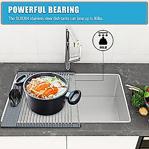 Roll Up Dish Drying Rack, Over the Sink Dish Drying Rack for Kitchen Counter Sink, Stainless Steel Sink Drying Rack with Utensil Holder, Multipurpose Foldable Kitchen Sink Rack Mat -Grey(17.3" x15.3")