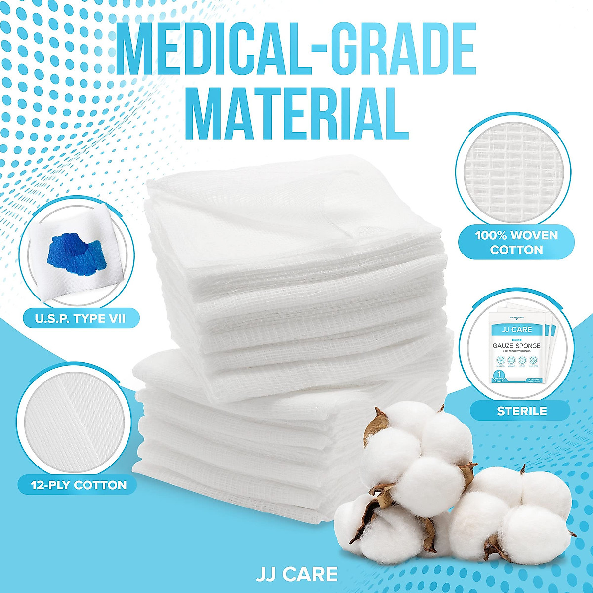 JJ CARE Sterile Gauze Pads 4" x 4" (Pack of 100), 12-Ply Cotton Gauze Pads, Individually-Wrapped Sterile Gauze Sponges, 100% Woven, Non-Stick Medical Gauze Pads for First Aid Kit & Wound Care