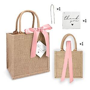 Burlap Tote Bags with Handles Reusable Jute Gift Bags with Pink Silk Ribbons Waterproof Lining for Wedding Bridesmaid Mother's Day Bachelorette Beach Party