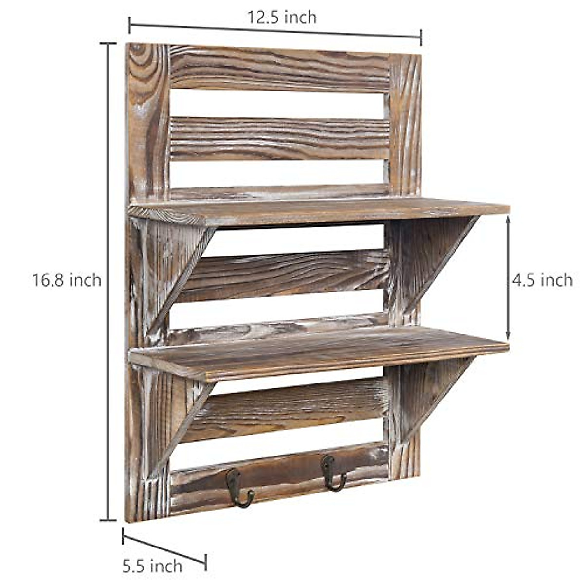 MyGift 2-Tier Torched Whitewashed Wood Wall Mounted Shelf Rack with Key Hooks, Entryway Storage Display Shelves, Bathroom Shelving and Towel Hooks, 7 x 13-Inches