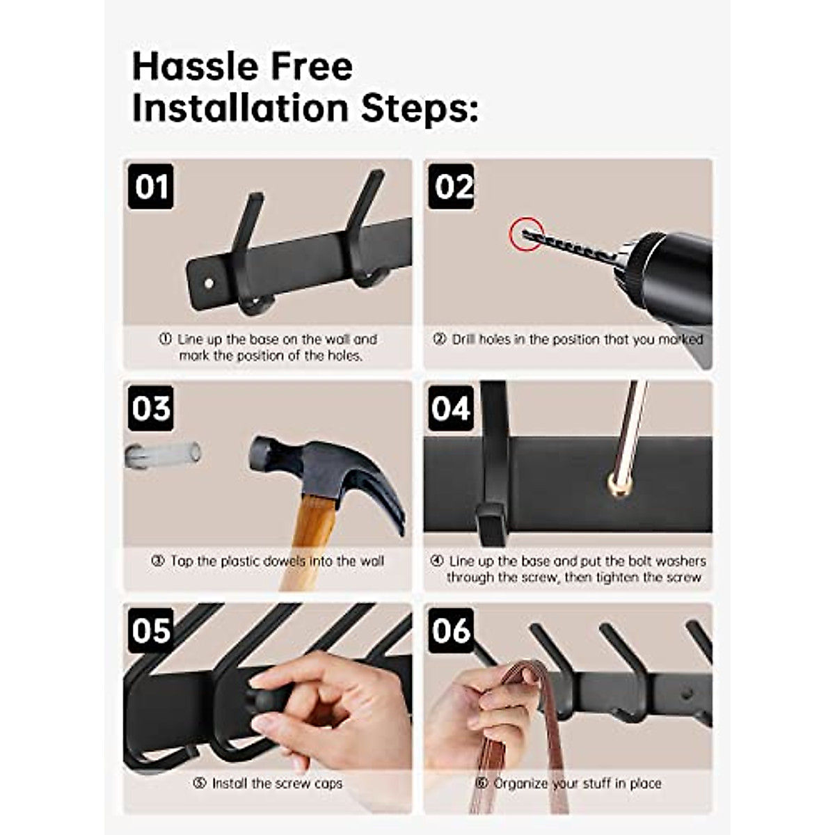 Coat Rack Wall Mounted with 6 Dual Hooks Rail for Hanging Clothes Hats Bags Keys at Entryway Towel Head Wraps Robes at Mudroom Mugs at Kitchen Room Organization (Black)