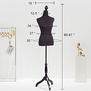 Female Mannequin Female Dress Form Manikin Body Torso with Wooden Tripod Base Stand 60-67 Inch Height Adjustable Pinnable Mannequin for Sewing Dress Jewelry Display, Black