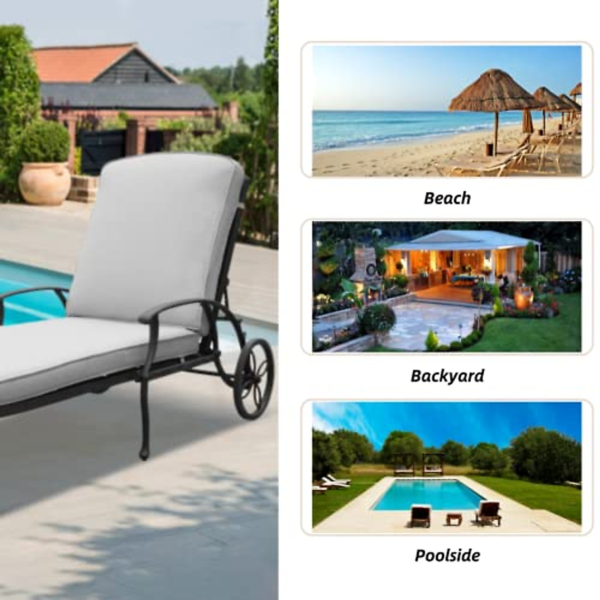 Luccalily Chaise Lounge Patio Chair with Wheels, Adjustable Reclining Rust-Resistant Aluminum Cast Poolside Chaise Lounge Furniture Set of 2, Waterproof Beige Cushion