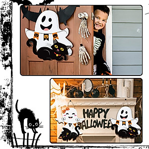 Leinuosen 2 Pcs Halloween Ghost Witch Door Sign Boo Decorations Happy Halloween Front Door Hanger Wreath Decor Black Cat Pumpkin Wooden Hanging Sign for Halloween Party Supplies(Ghost)