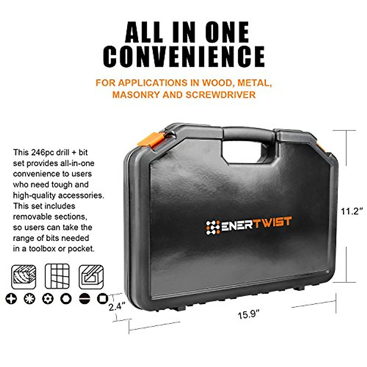 EnerTwist Drill Bit Set, 246-Pieces Drill Bits and Driver Set for Wood Metal Cement Drilling and Screw Driving, Full Combo Kit Assorted in Plastic Carrying Case, ET-DBA-246