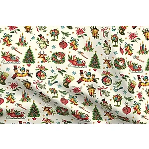 Spoonflower Fabric - Vintage Beige Sled Santa Traditional Bells Christmas Tree Treats Printed on Petal Signature Cotton Fabric by The Yard - Sewing Quilting Apparel Crafts Decor