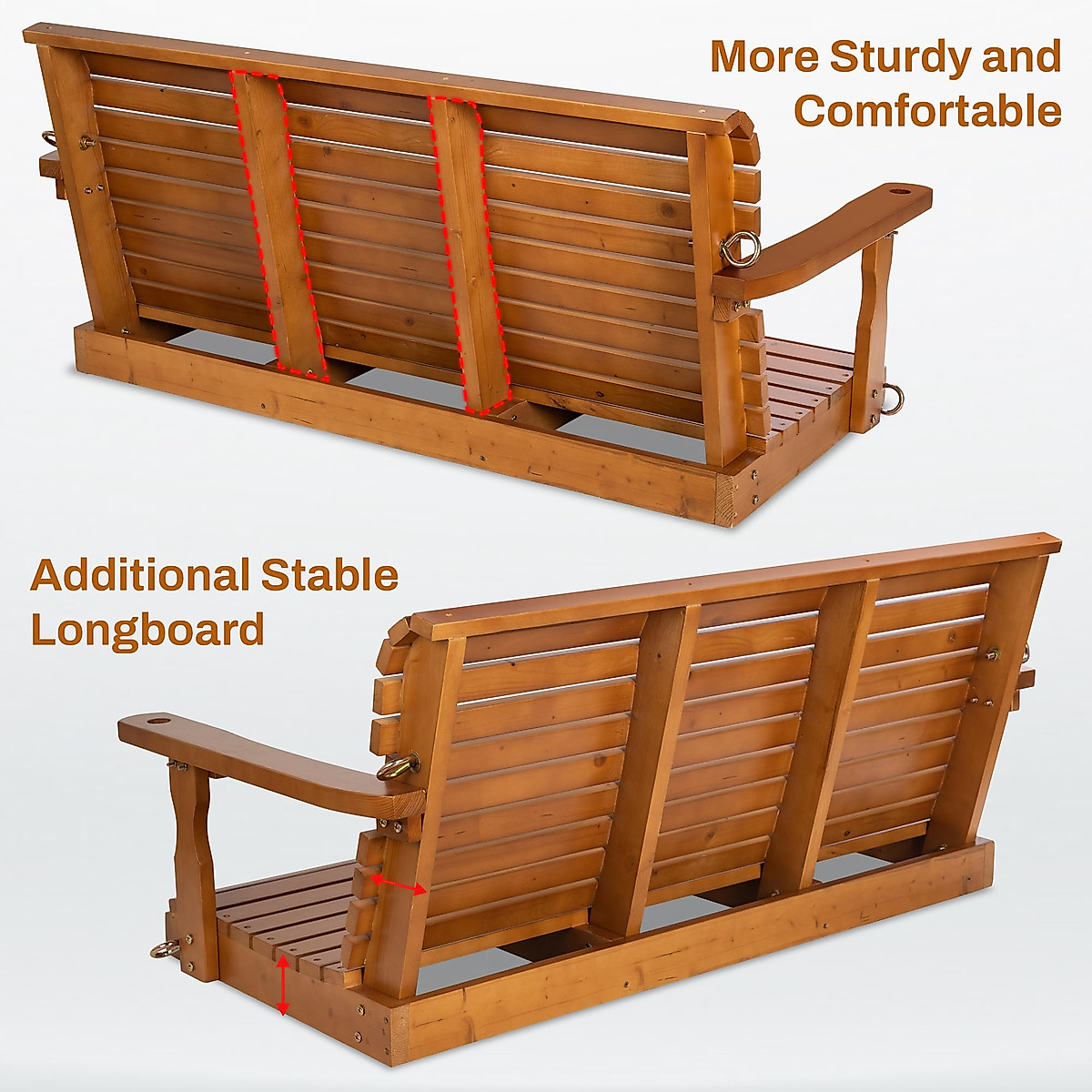 SULIVES Outdoor Wooden Porch Swing, Porch Swings Outdoor with 23 inches Depth, Patio Porch Bench Swing with 51.2 inches Wide，Heavy Duty 1000 LBS, Outdoor Swings for Backyard & Garden.