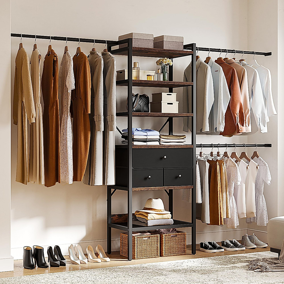 DWVO Closet System, Walk In Closet Organizer Systems with 3 Drawers, Closet Organizers and Storage with Shelves and 3 Expandable Hanger Rods, Fits 6-9 ft Space, Black