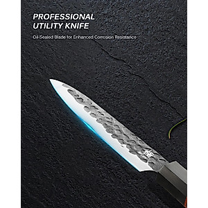 KYOKU 4.5" Utility Knife, Japanese Kage Series Tomato Knife with Rosewood Handle, Sharp 3 Layer High Carbon Steel Kitchen Knife with Gift Box for Meat Vegetable Fruit Cutting Slicing Chopping